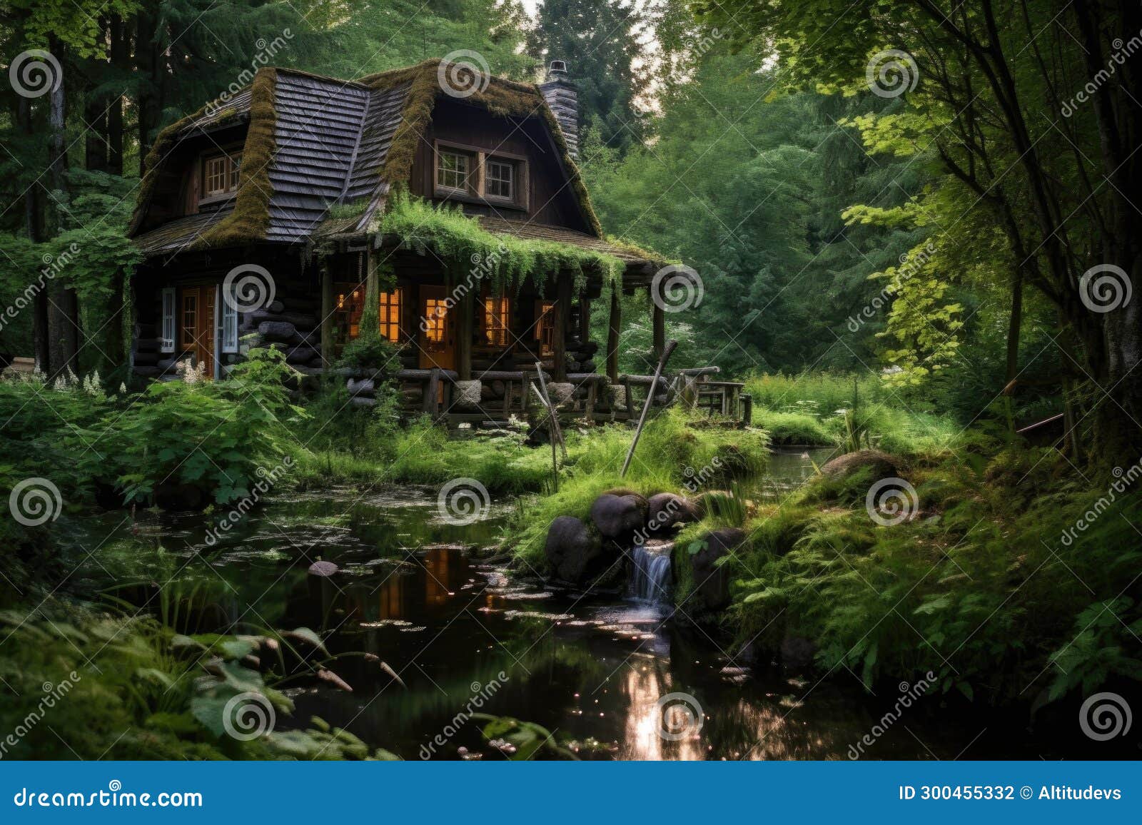 A Rustic Log Cabin Surrounded by Lush Green Forest Stock Photo - Image ...