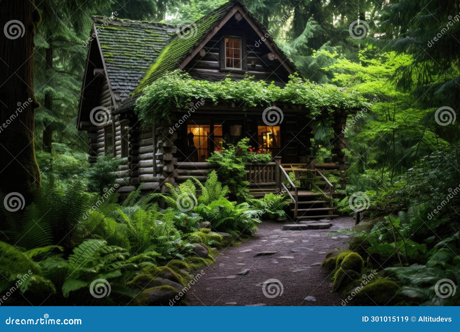 A Rustic Log Cabin Surrounded by Lush Green Forest Stock Image - Image ...