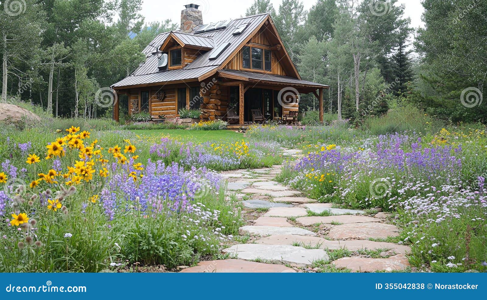 A Rustic Log Cabin Surrounded by Wildflowers and a Stone Pathway Stock ...