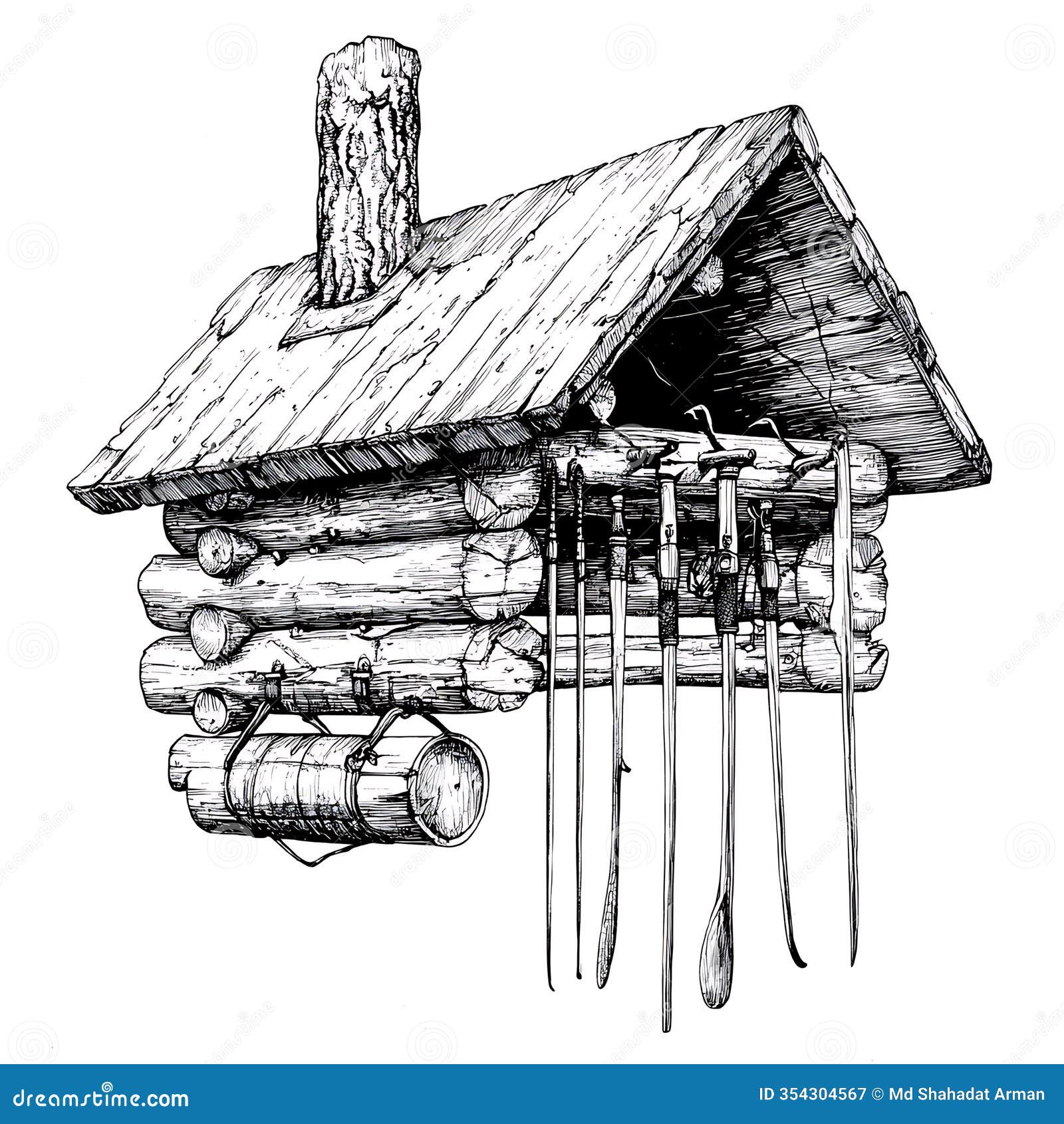Rustic Log Cabin Tool Shed with Various Tools Hanging Stock ...