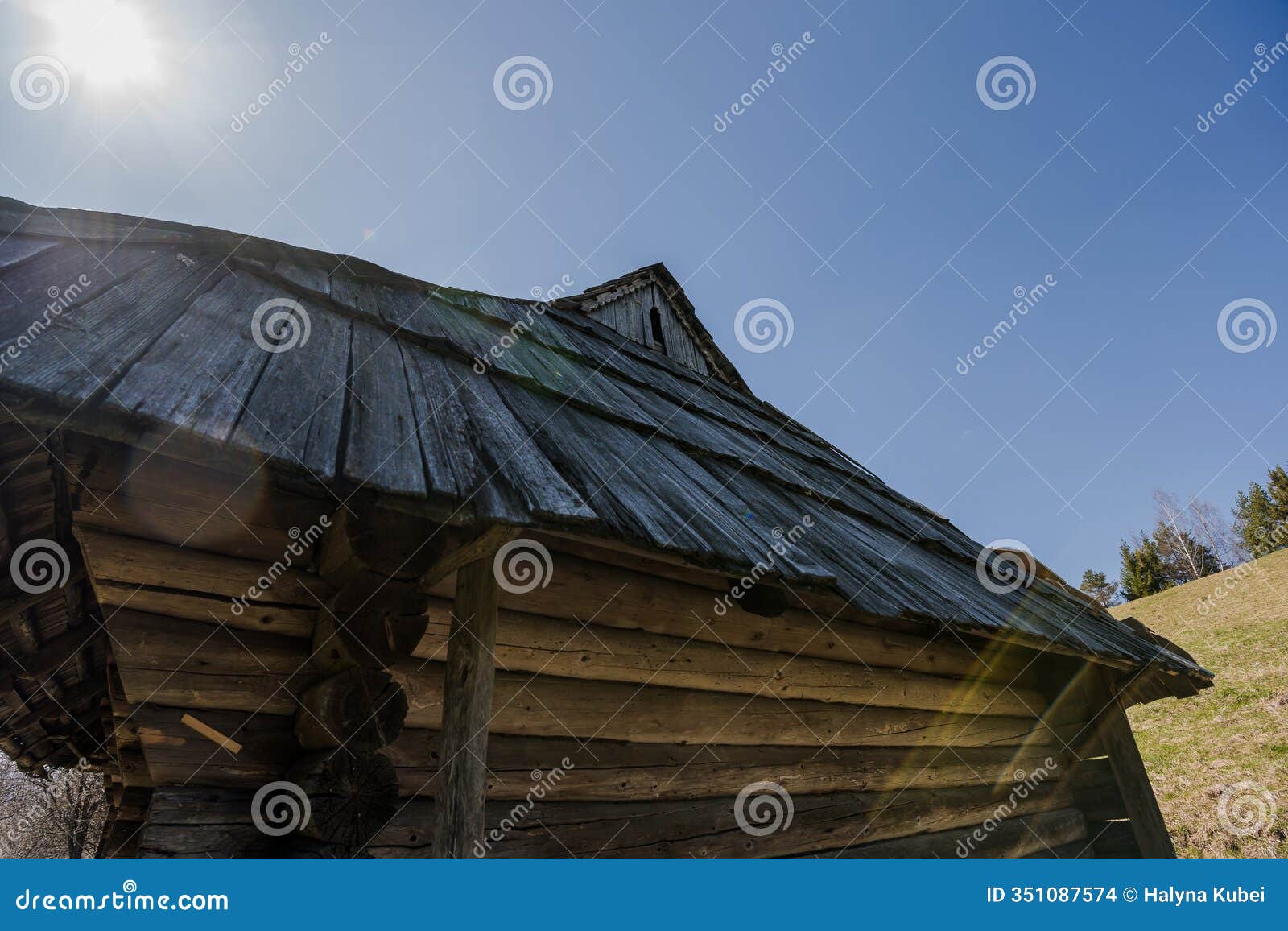 Rustic Log Cabin Under a Clear Blue Sky Stock Photo - Image of roof ...
