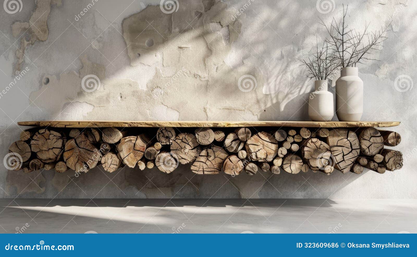 Rustic Log Shelf Display with Modern Vases Against Textured Wall Stock ...