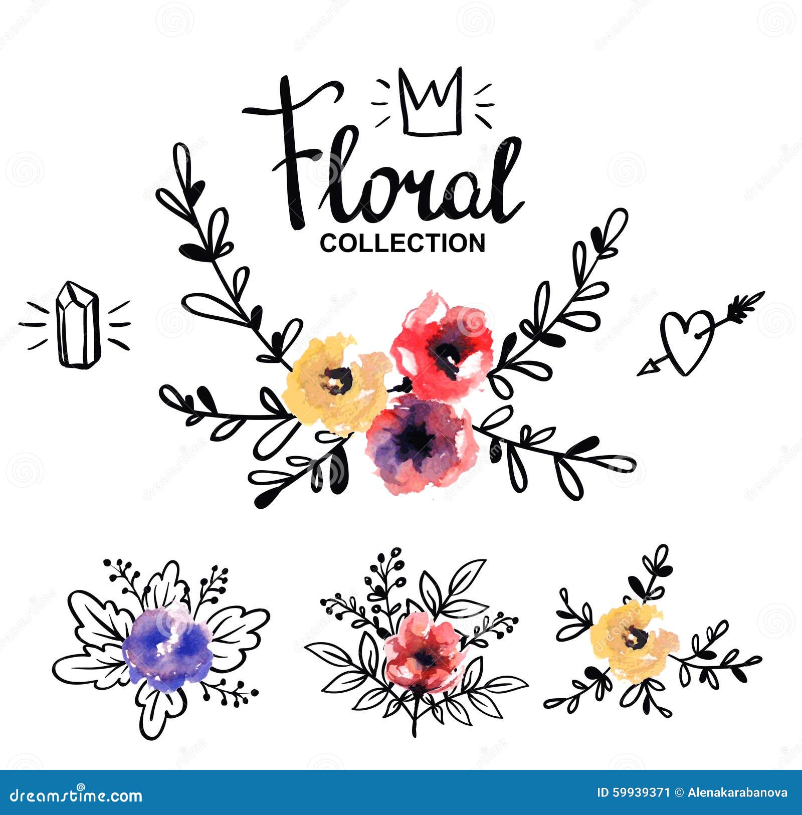 Rustic Logo Template with Watercolor Flowers and Branches. Stock Vector ...