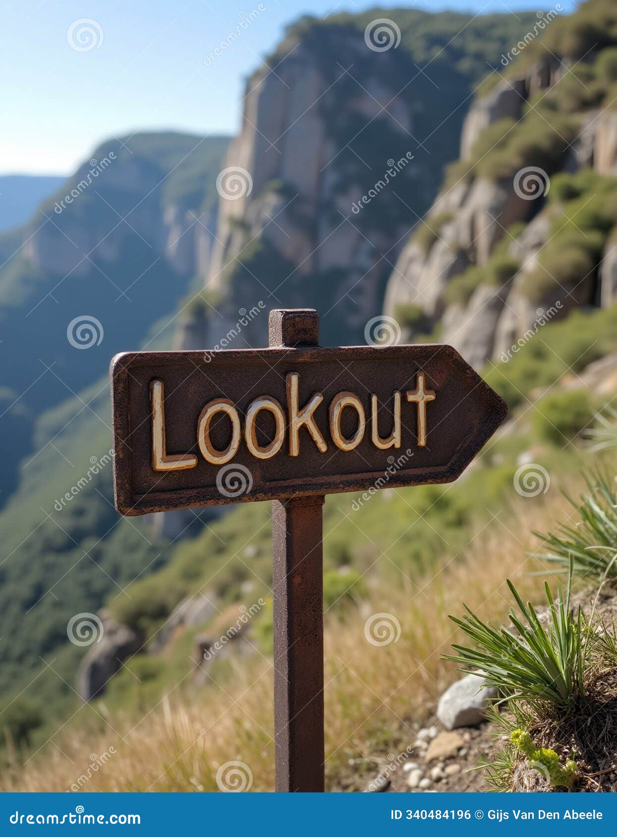Rustic Lookout Sign Against Dramatic Cliff Backdrop Stock Illustration ...