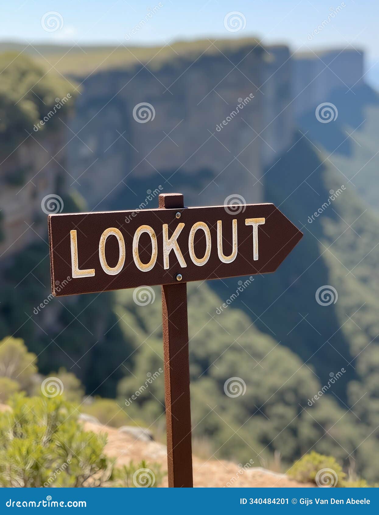 Rustic Lookout Sign Against Dramatic Cliff Backdrop Stock Illustration ...