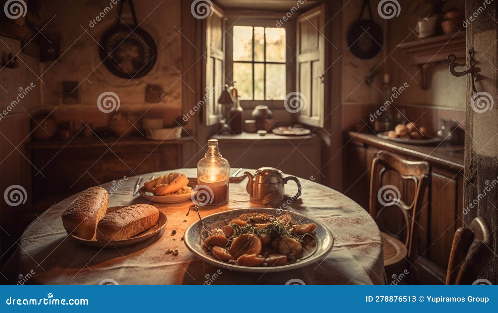 A Rustic Lunch of Grilled Meat and Fresh Vegetables Indoors Generated ...