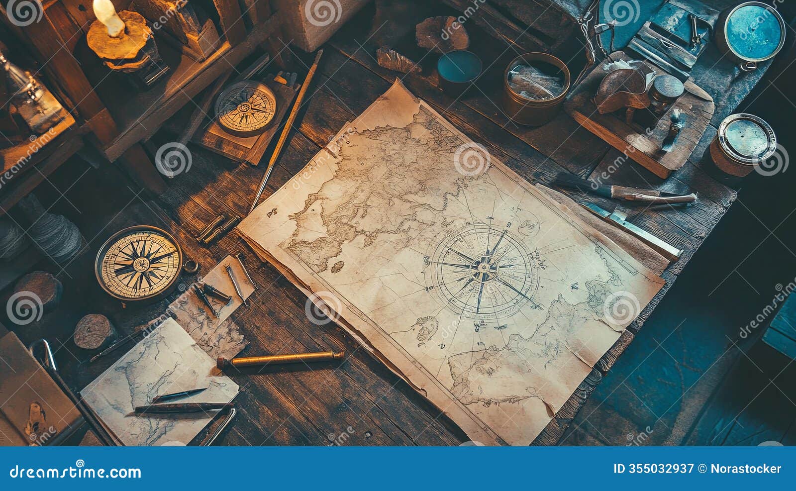 A Rustic Map-making Station with Compasses, Rulers, and a Hand-drawn ...