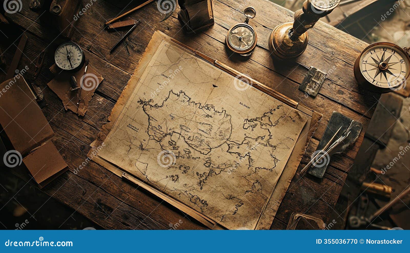 A Rustic Map-making Station with Compasses, Rulers, and a Hand-drawn ...