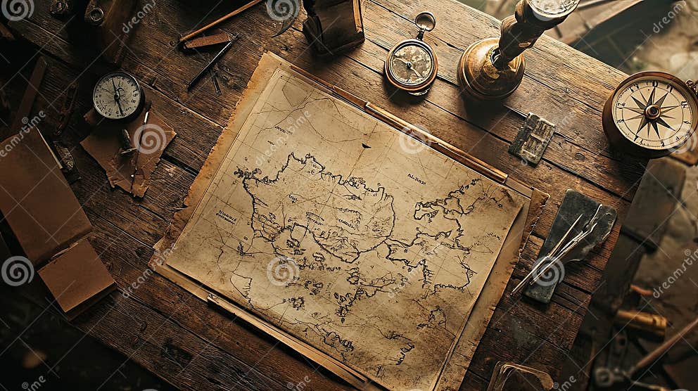 A Rustic Map-making Station with Compasses, Rulers, and a Hand-drawn ...