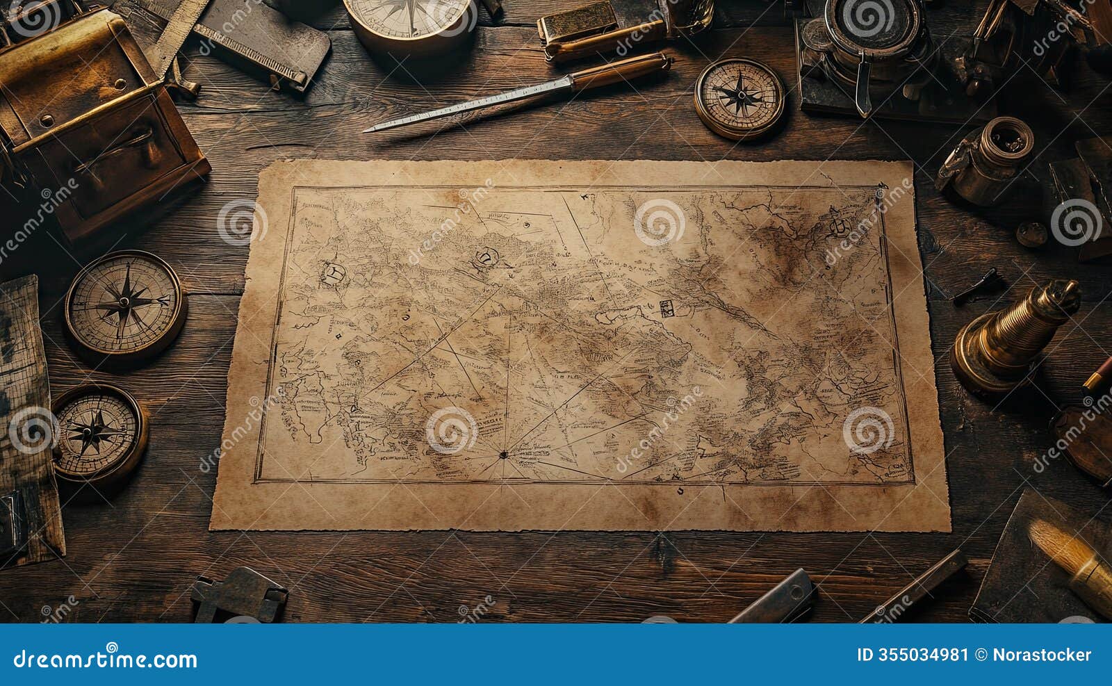 A Rustic Map-making Station with Compasses, Rulers, and a Hand-drawn ...