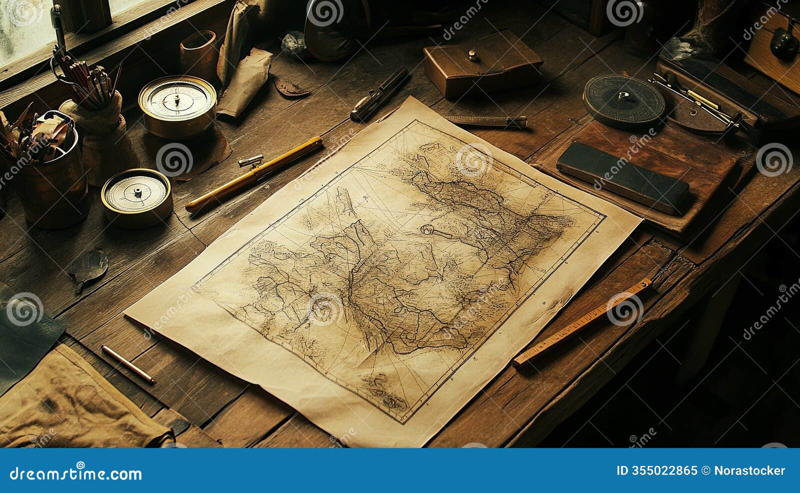 A Rustic Map-making Station with Compasses, Rulers, and a Hand-drawn ...