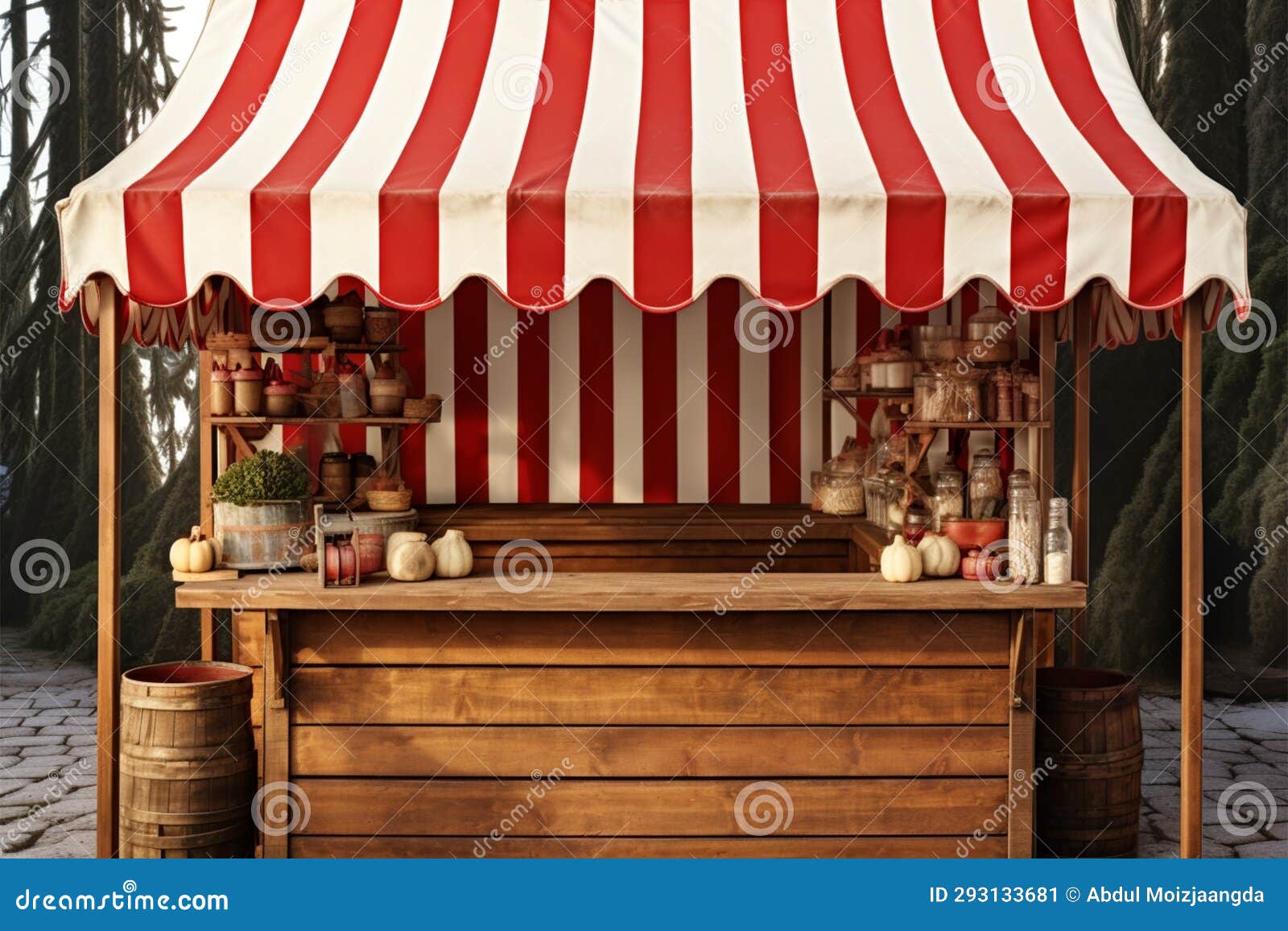 A Rustic Market Stall with a Traditional Red White Striped Canopy Stock ...