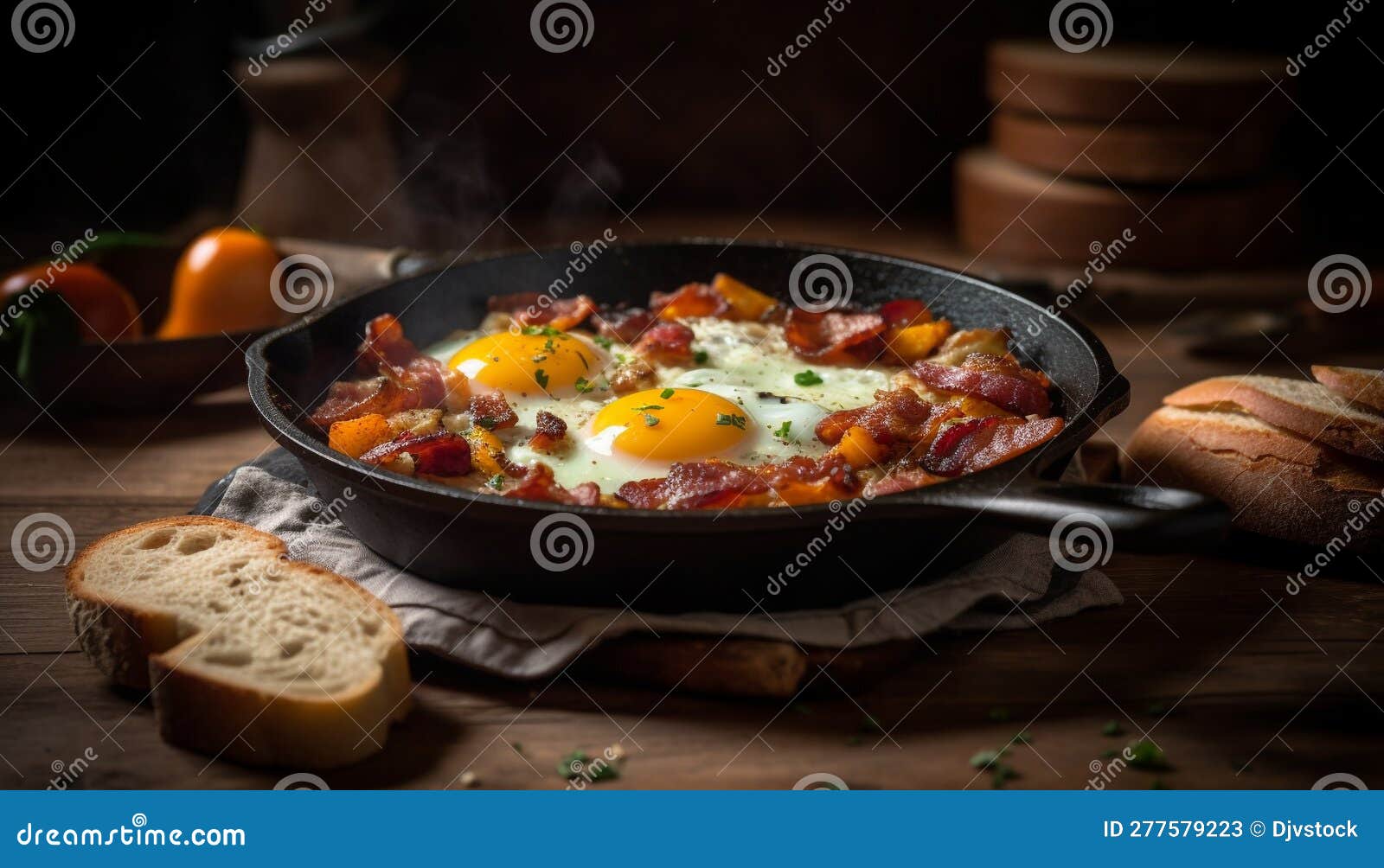 Rustic Meal of Scrambled Eggs, Fresh Vegetables, and Pork Slice ...