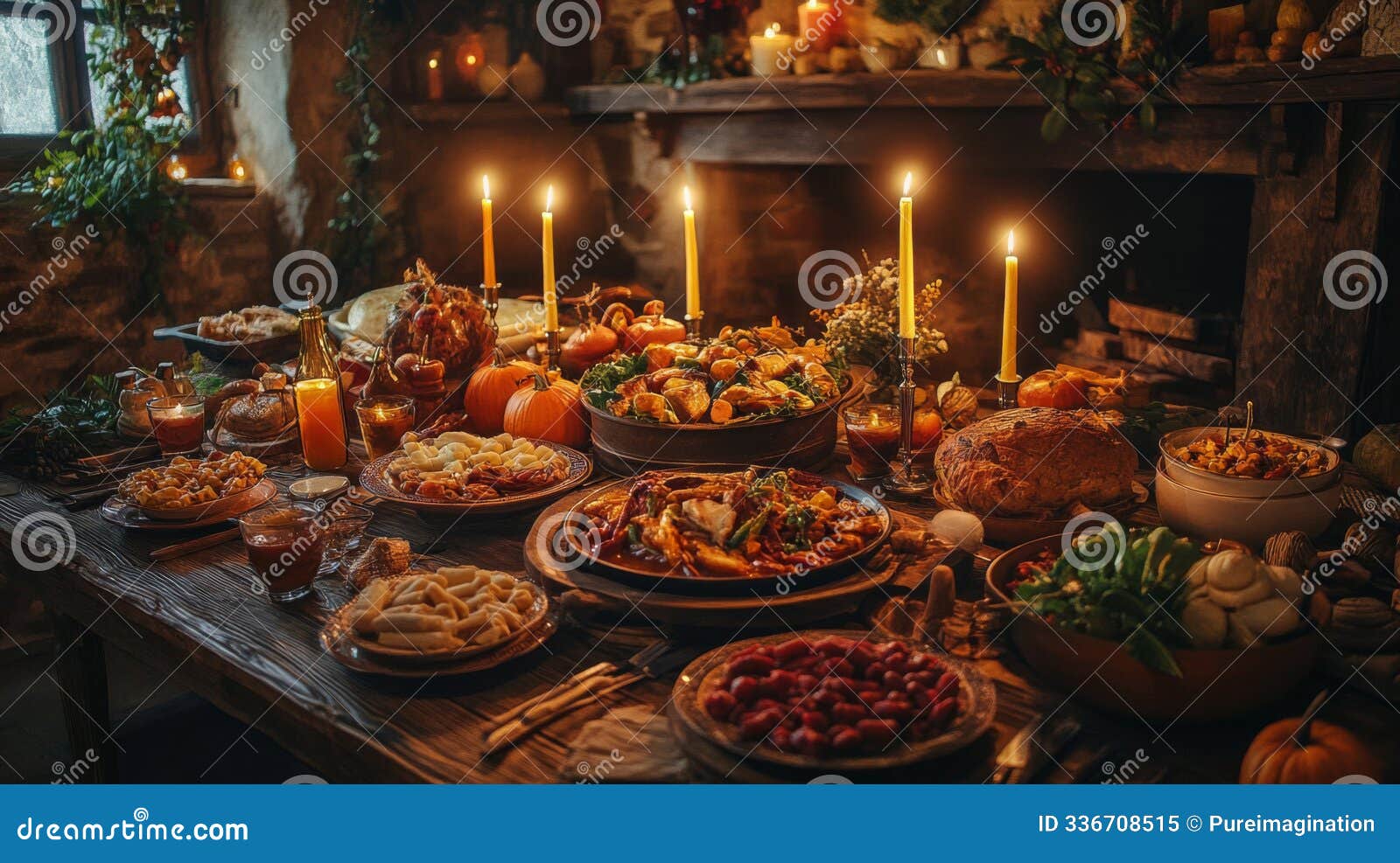 Rustic Medieval Feast with Candles and Food Stock Illustration ...