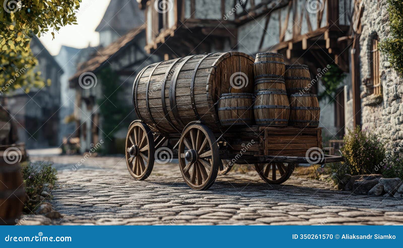 Rustic Medieval Wagon Loaded with Barrels and Crates on a Cobblestone ...
