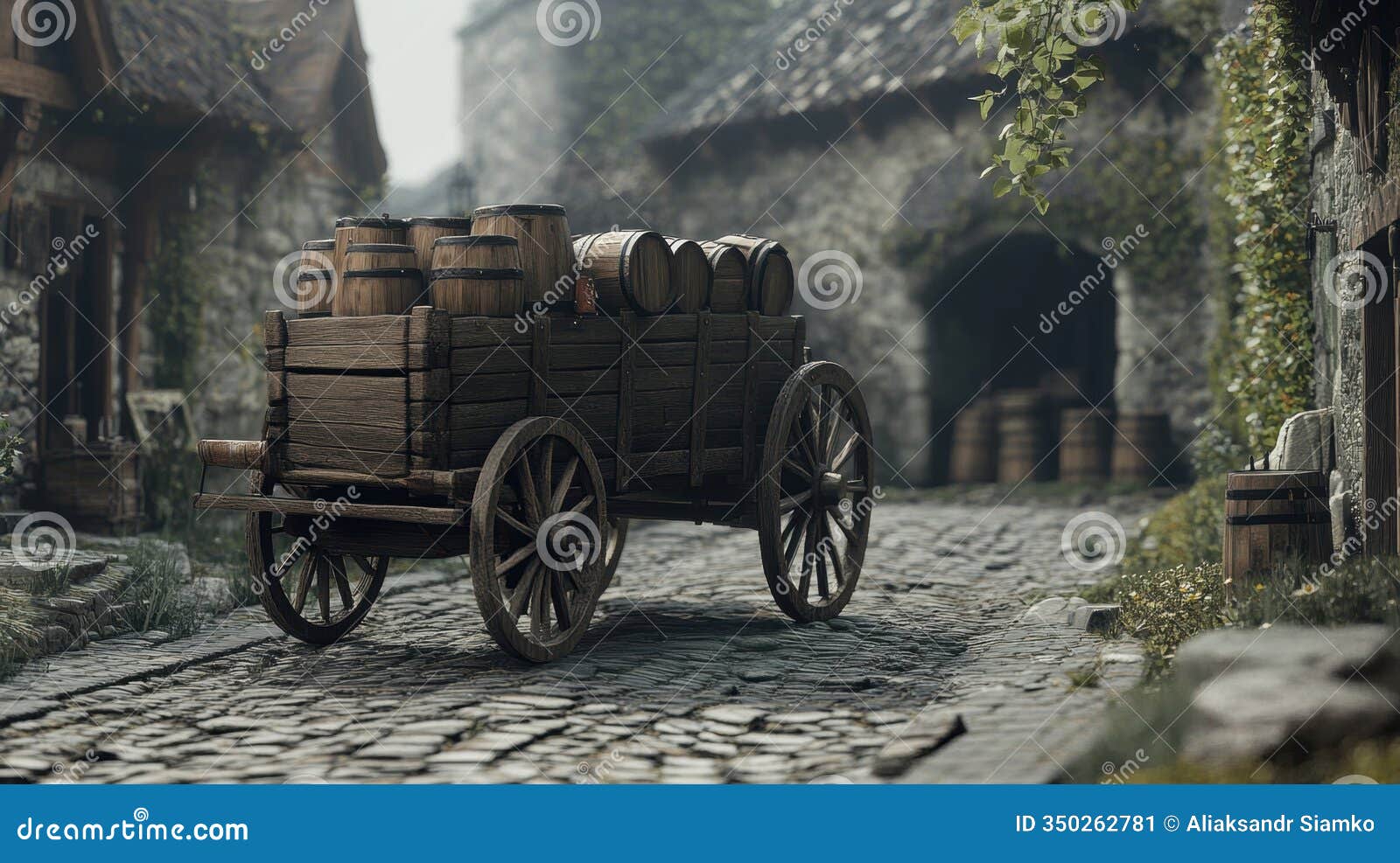 Rustic Medieval Wagon Loaded with Barrels and Crates on a Cobblestone ...