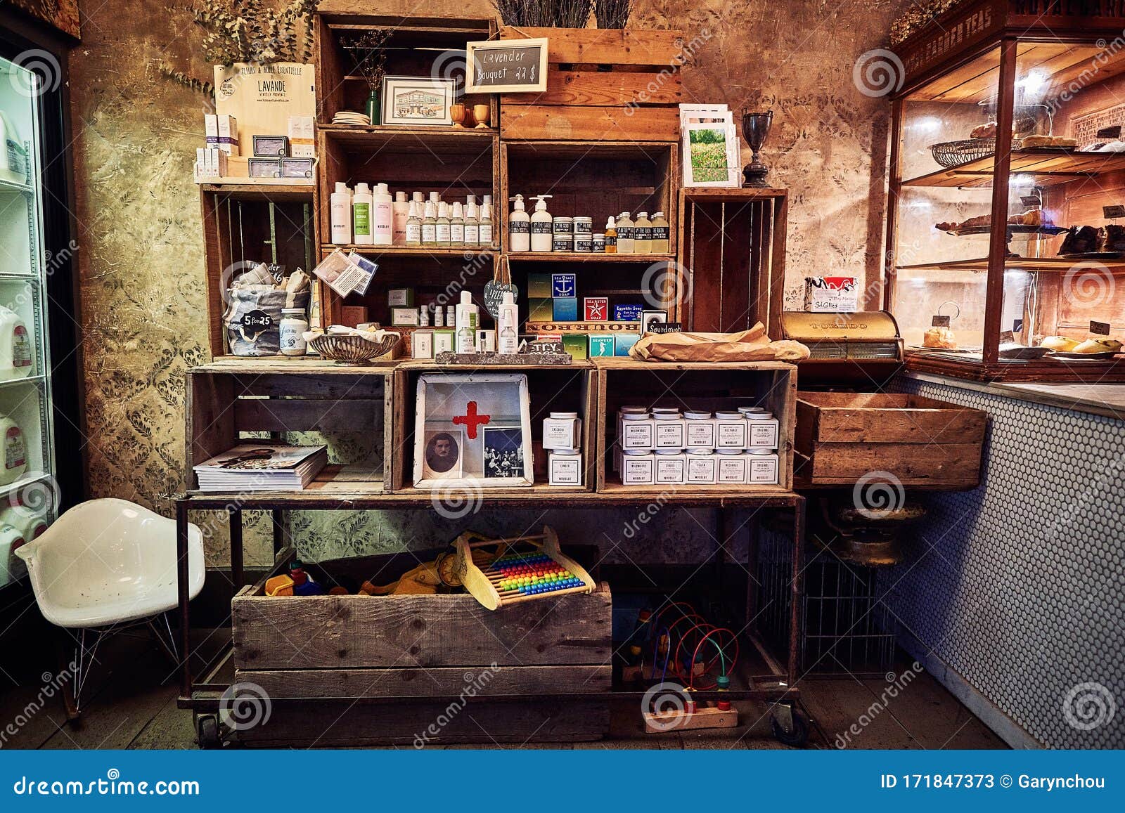 Rustic Merchandise Display Inside a Stylish Cafe with Products on ...