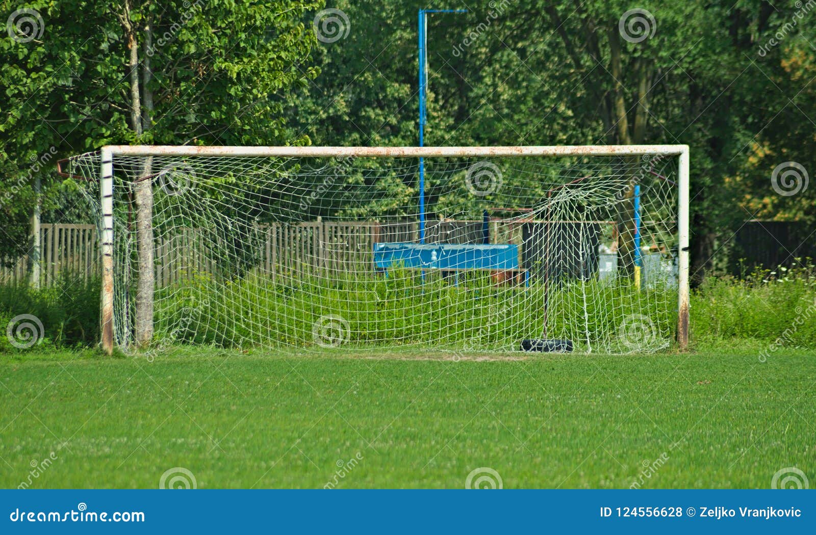 Rustic Metal Goal Gate on Football Field Stock Photo - Image of goal ...