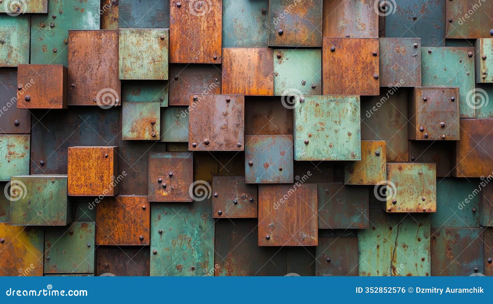 A Rustic Metallic Wall Texture Showcasing a Collage of Square Panels in ...