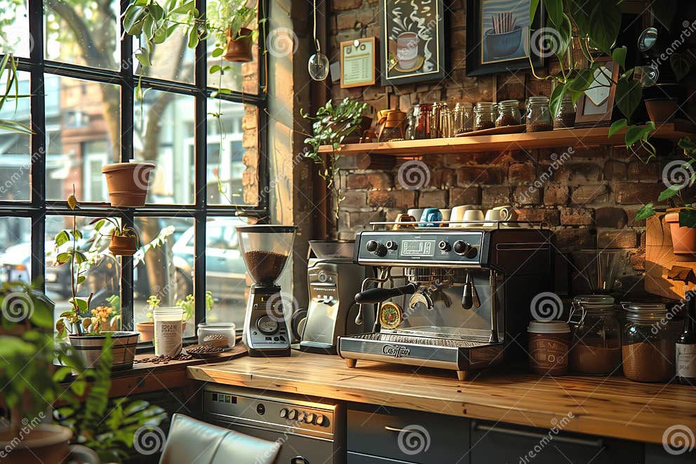 Rustic Coffee Corner with Espresso Machine and Plants Stock Image ...