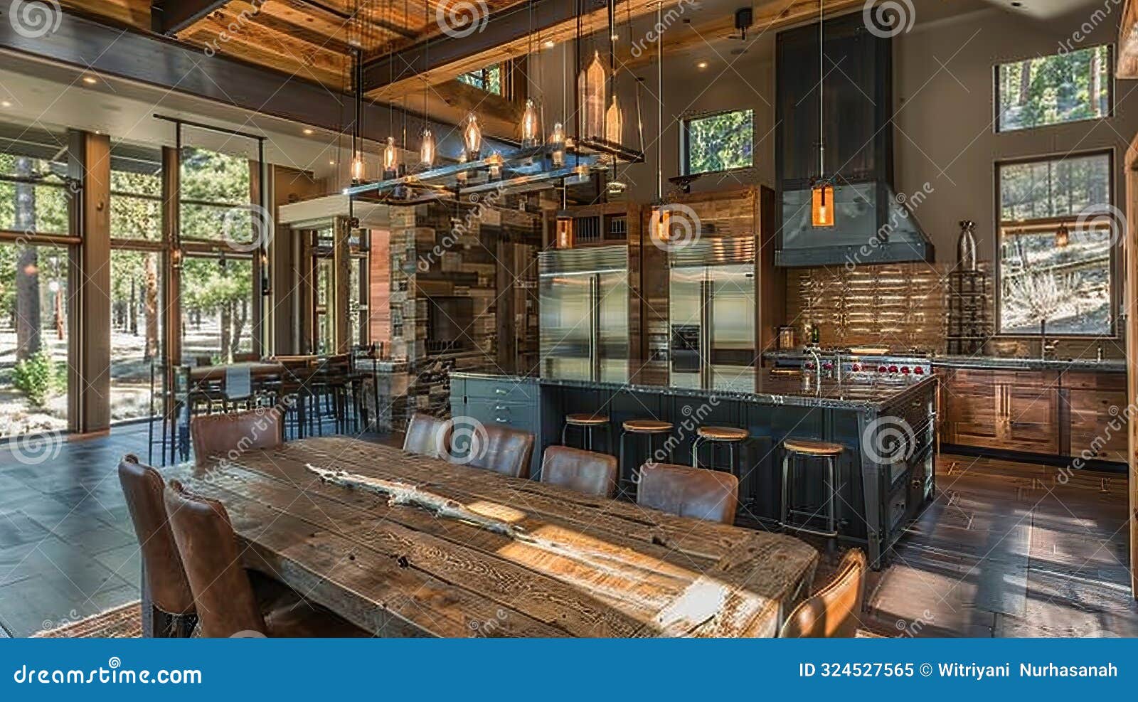 Rustic Modern Kitchen with Large Windows Stock Illustration ...