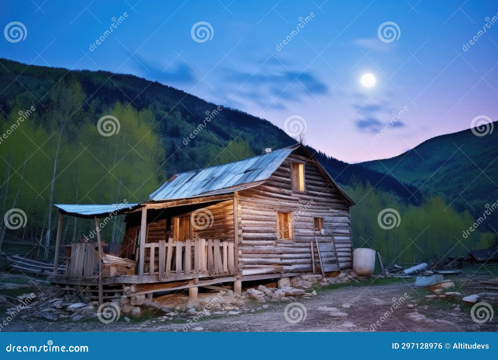 Rustic Mountain Shack Under a Glowing Moon Stock Photo - Image of ...