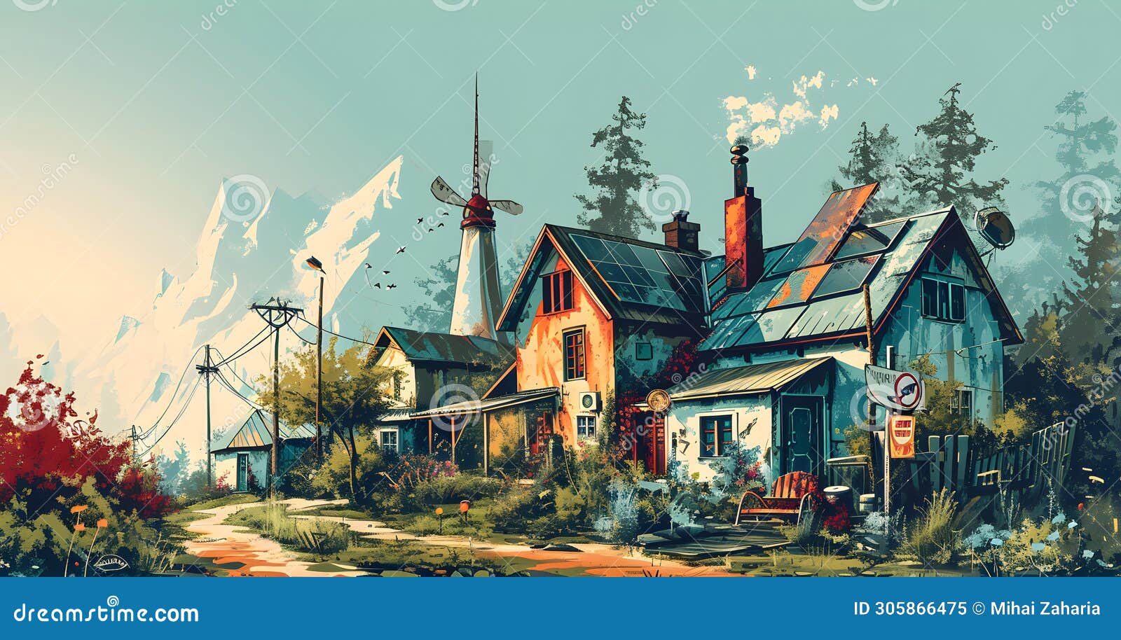 Rustic Mountain Village Scene. Painting Stock Illustration ...