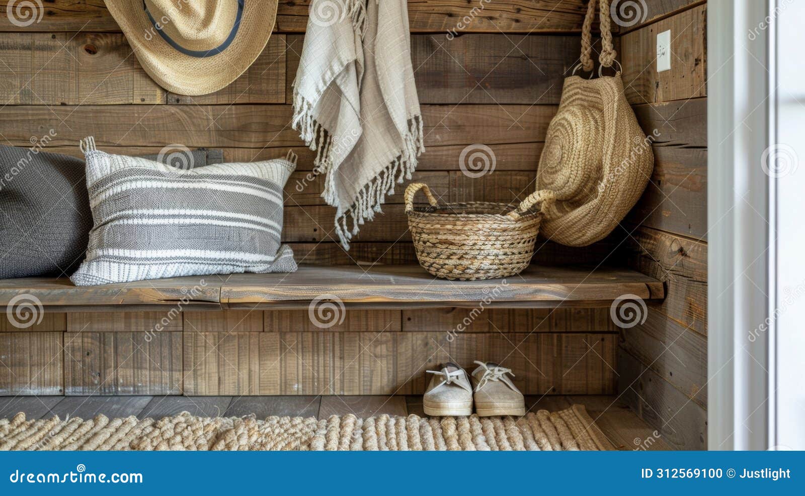A Rustic Mudroom with a Wooden Wall Panel and a Simple Woven Rug. Stock ...