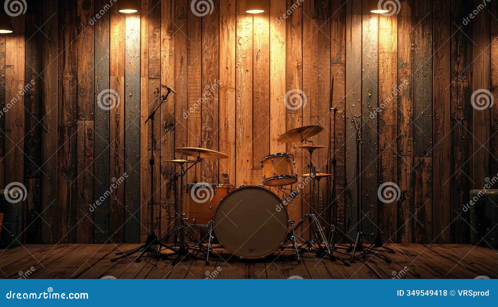 Rustic Music Studio Interior with Drum Set Against Wooden Wall Backdrop ...