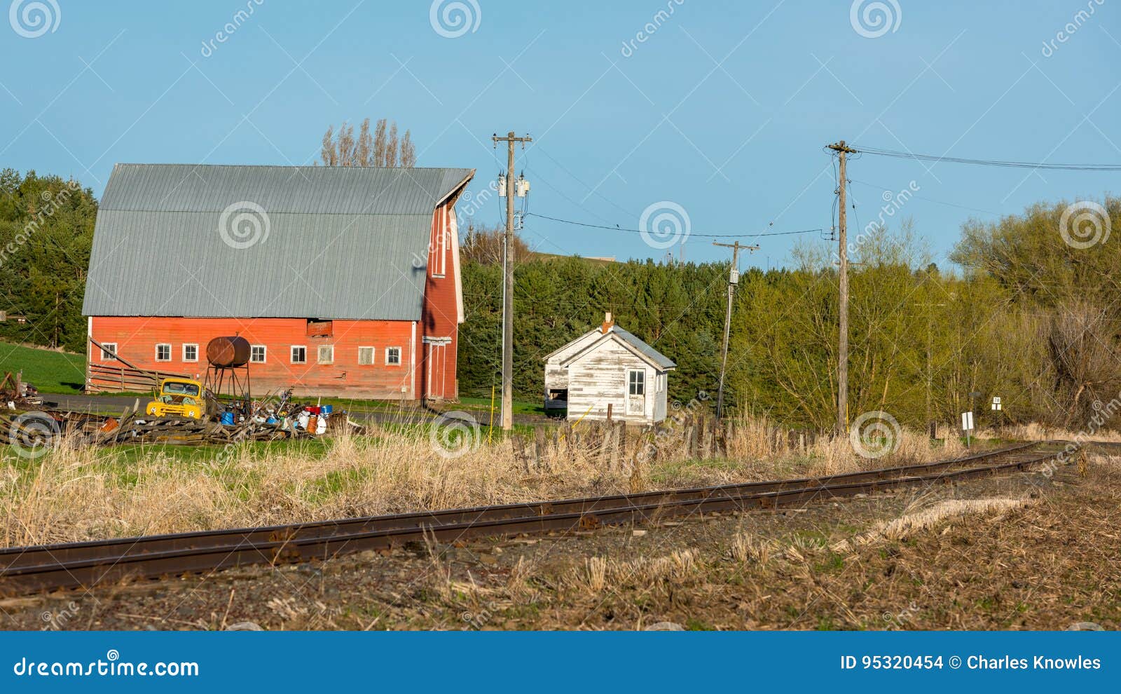 Rustic Old Barn and Rusted Train Tracks Stock Photo - Image of morning ...