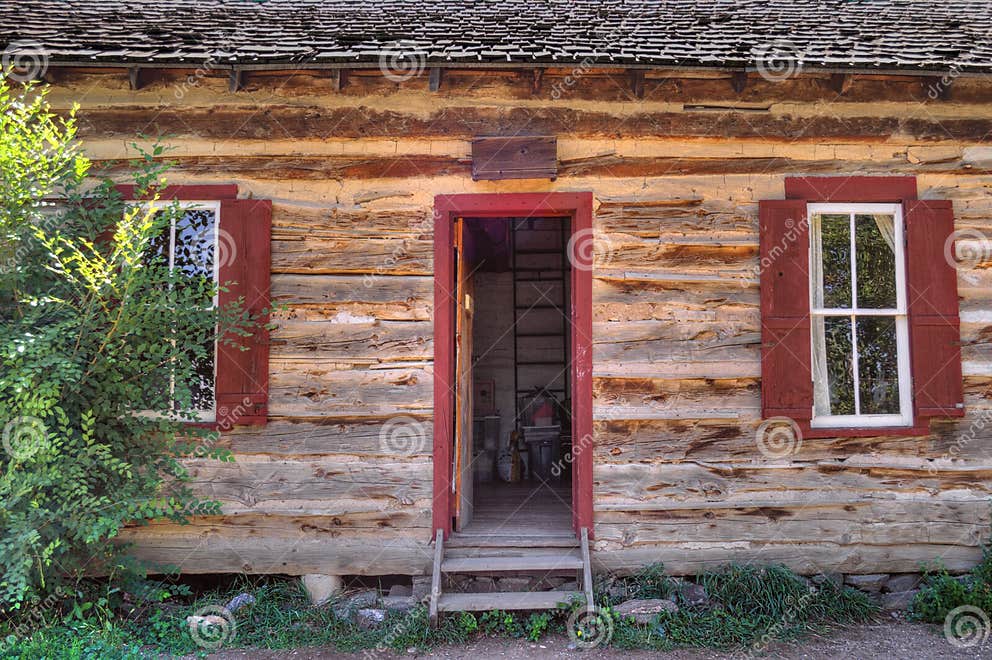 Rustic Old Time Log Cabin Front Door and Windows Stock Image - Image of ...
