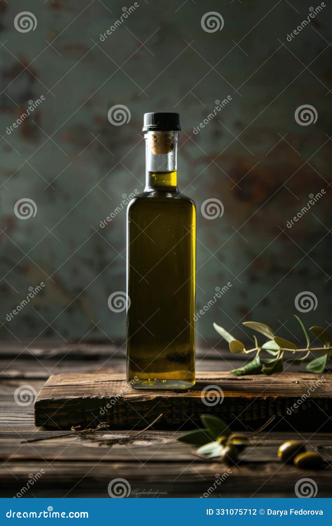 Rustic Olive Oil Bottle with Olive Branch on Dark Textured Background ...