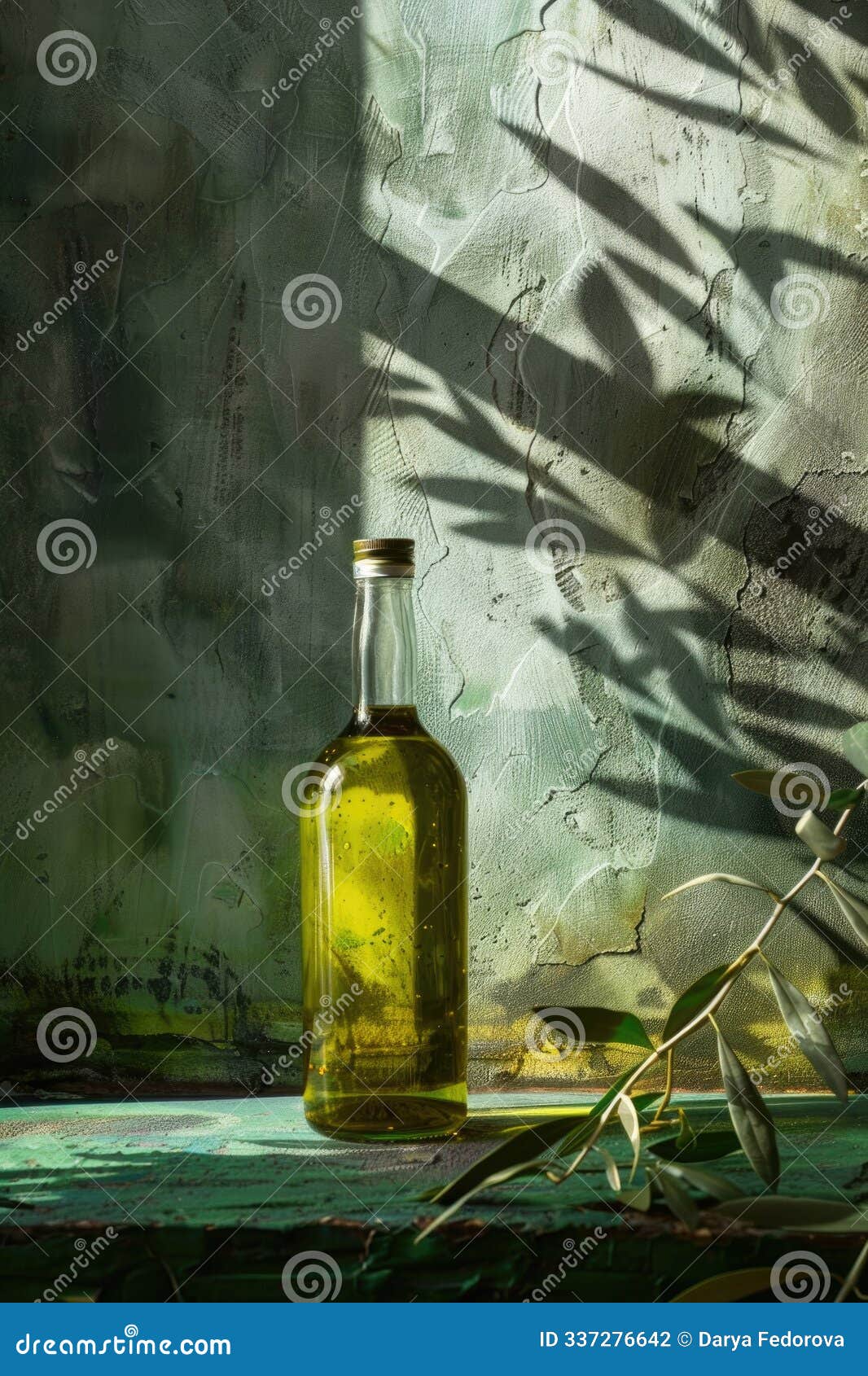 Rustic Olive Oil Bottle with Olive Branch on Dark Textured Background ...
