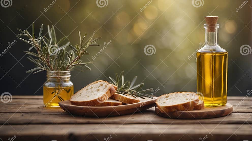 Rustic Olive Oil and Bread on Wooden Table. Stock Illustration ...