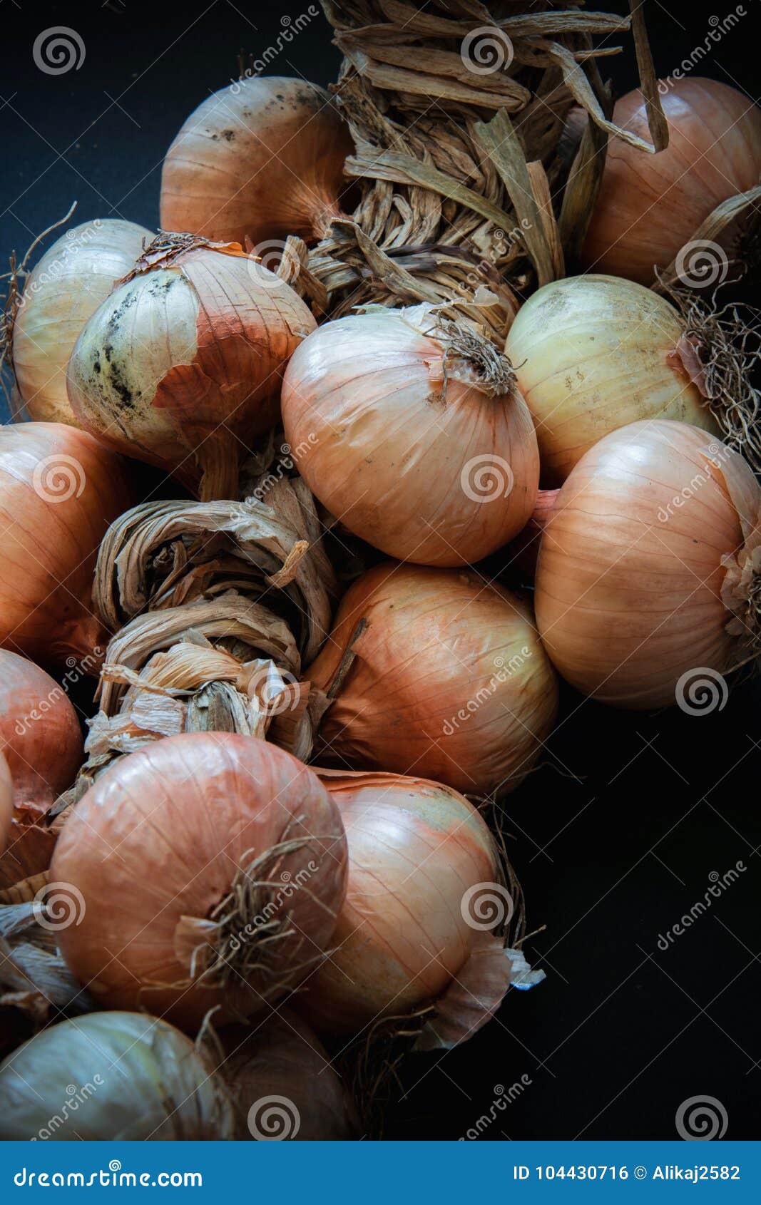 Rustic onions on the table stock photo. Image of dark - 104430716