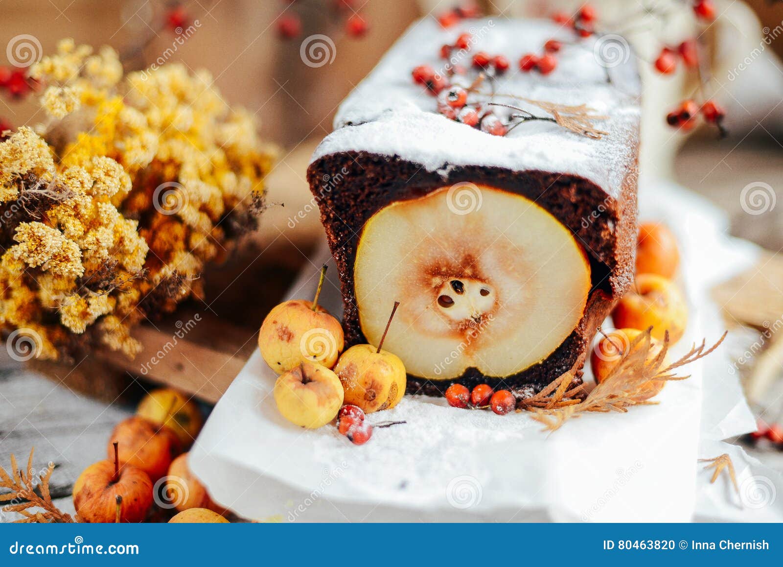Rustic Open Apple and Pear Pie in Rustic Table Setting. Baked Pe Stock ...