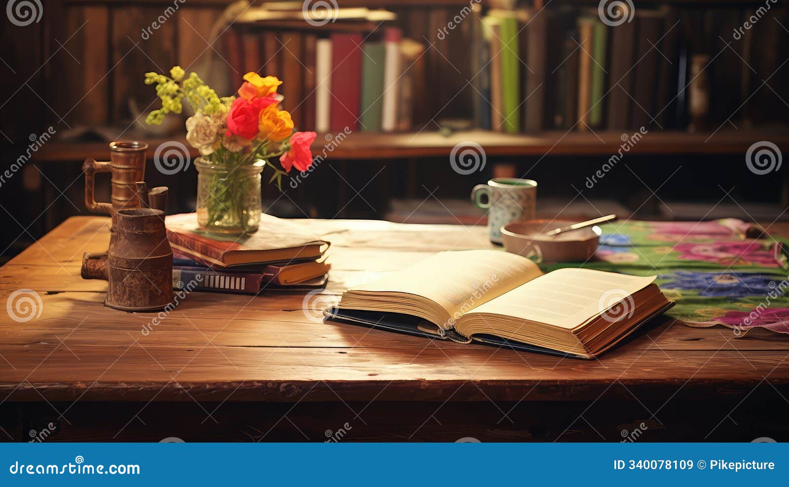 Rustic open book on table stock illustration. Illustration of homely ...