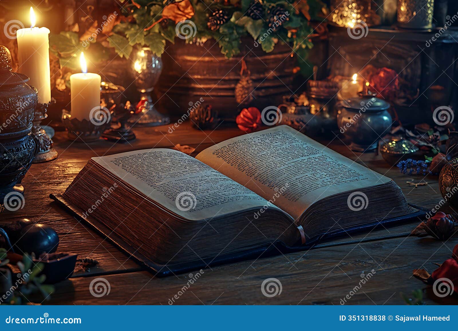 Rustic Open Book on a Wooden Table Surrounded by Antique Objects and ...