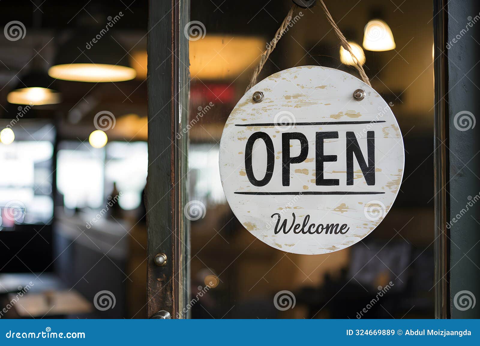 Rustic OPEN Sign on Glass Door, Welcoming Cafe Interior Blurred in ...