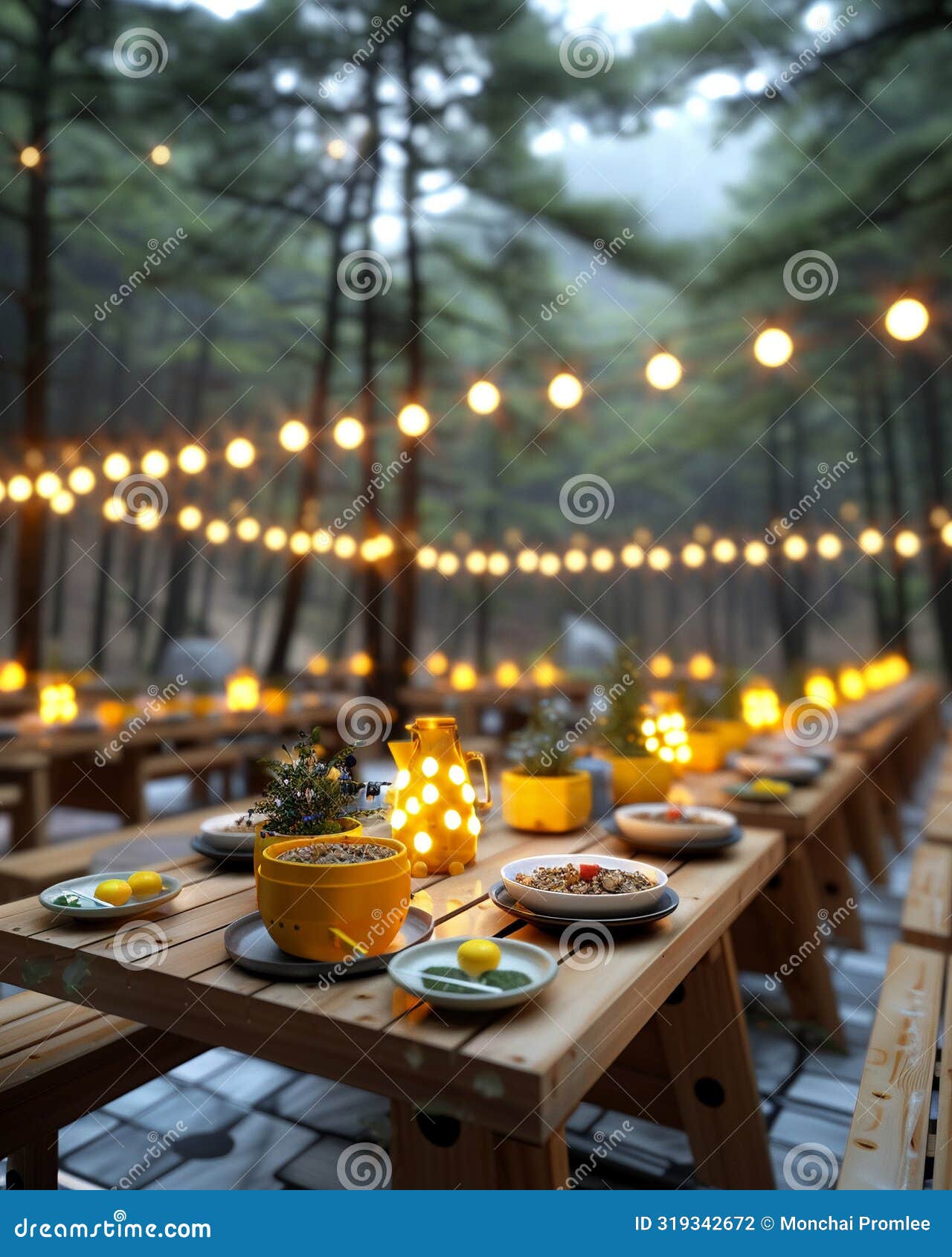 Rustic Outdoor Dining Experience with Wooden Tables, String Lights, and ...