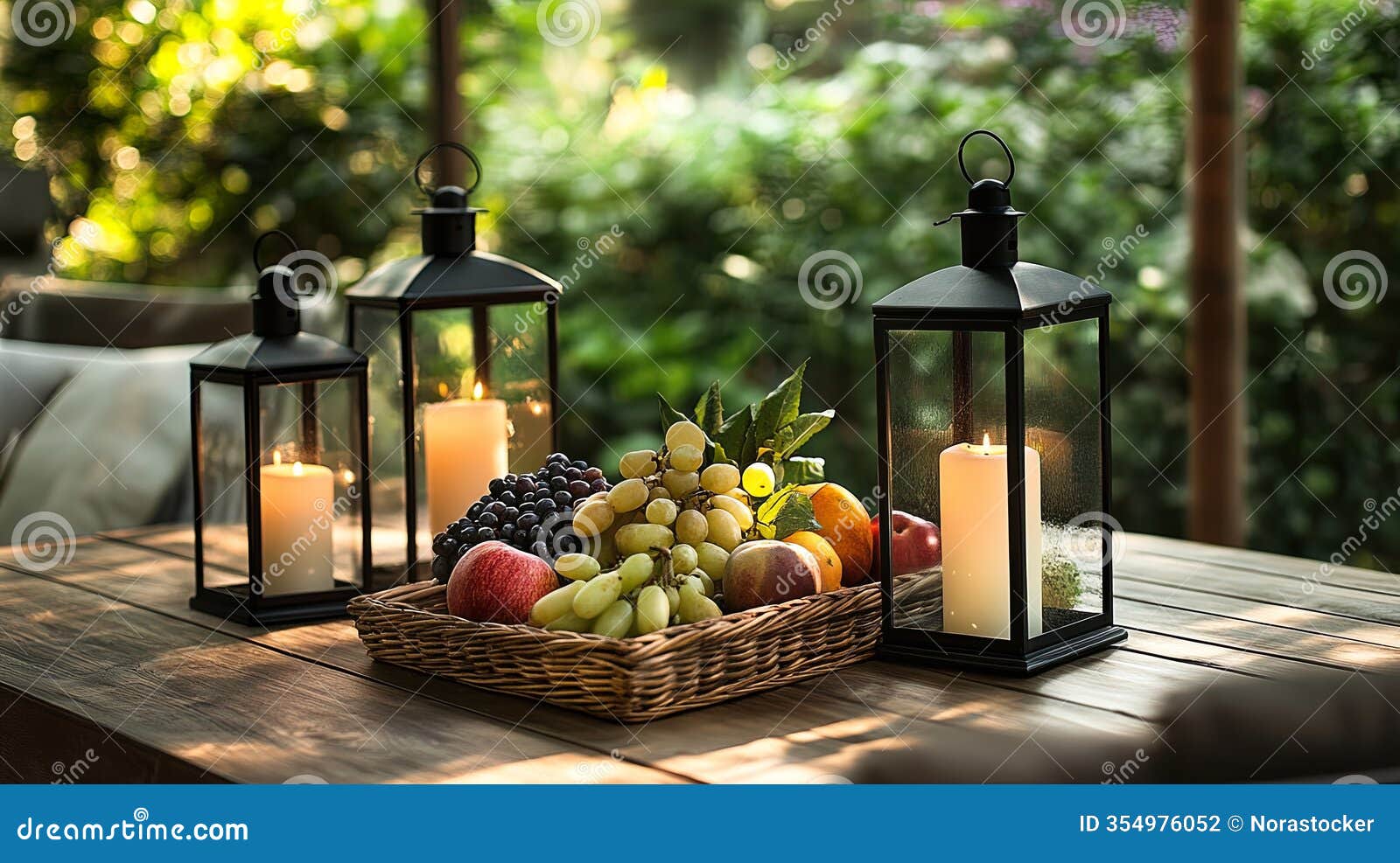A Rustic Outdoor Dining Table with Lanterns and a Fresh Fruit Platter ...