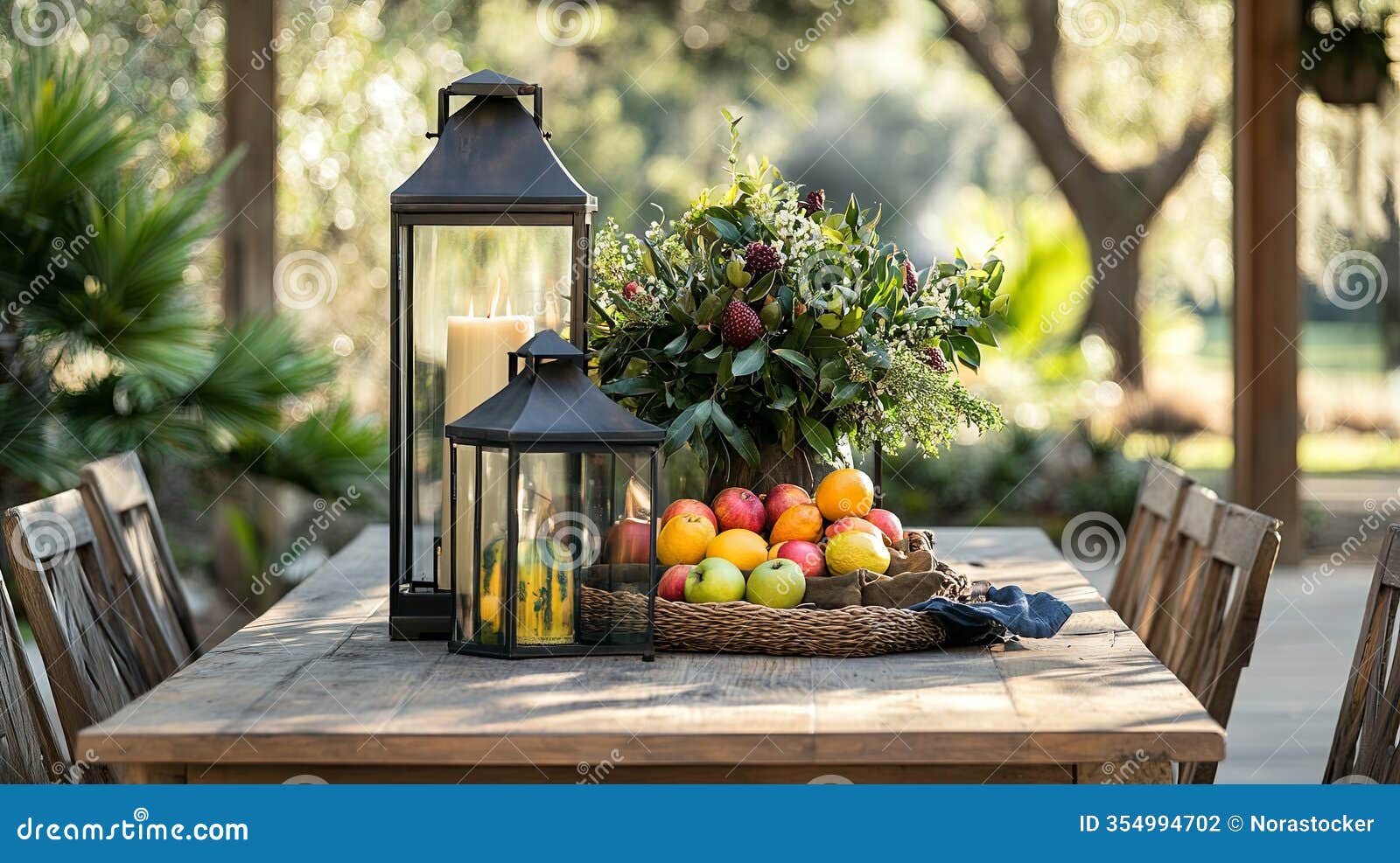 A Rustic Outdoor Dining Table with Lanterns and a Fresh Fruit Platter ...