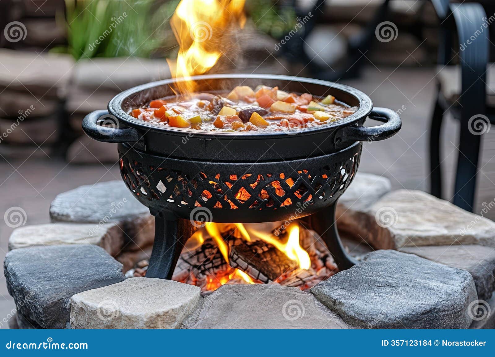 A Rustic Outdoor Fire Pit with a Pot of Stew Simmering Over an Open ...