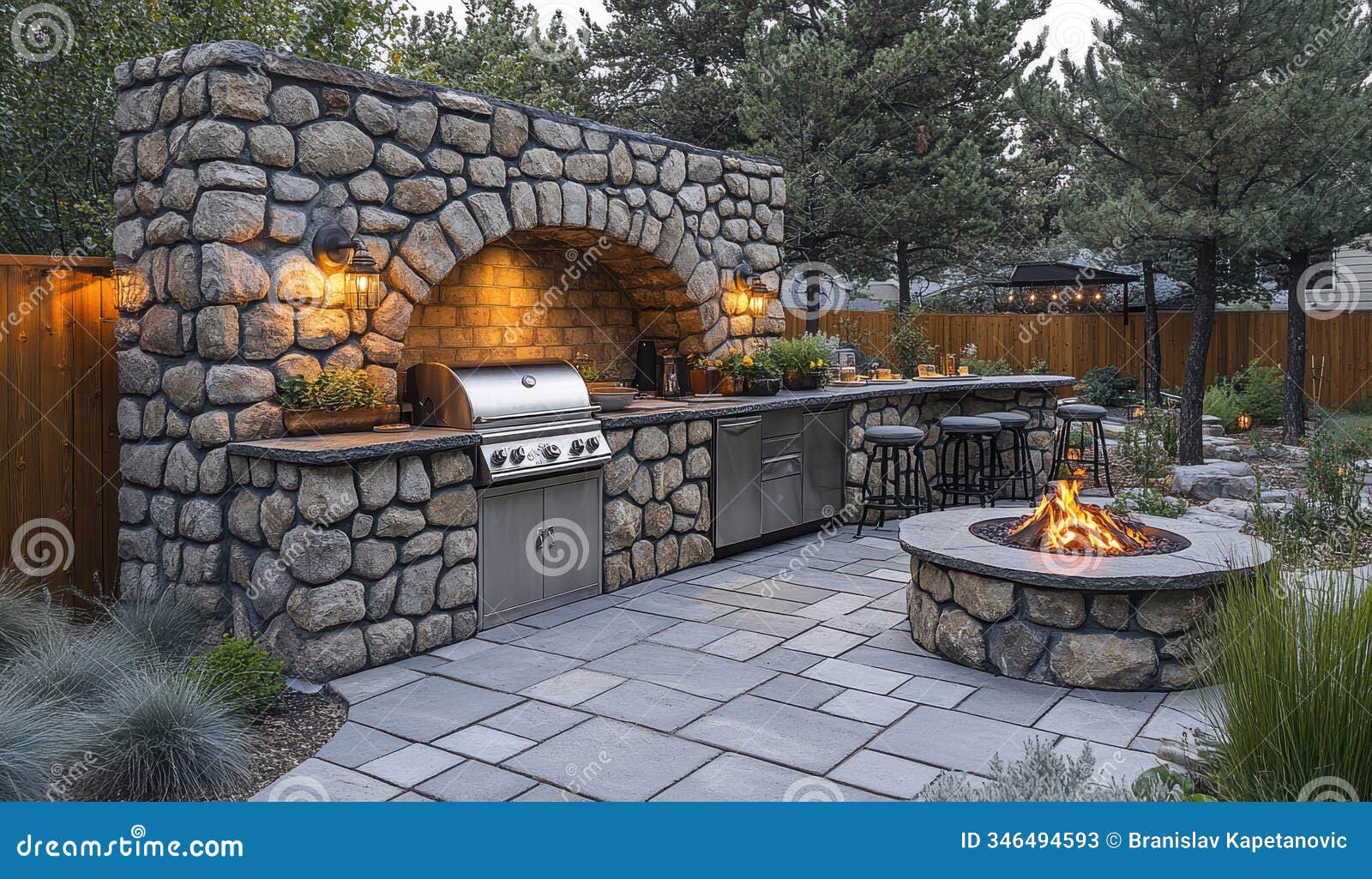 Rustic Outdoor Kitchen with Barbecue Grill and Stone Design Stock Image ...