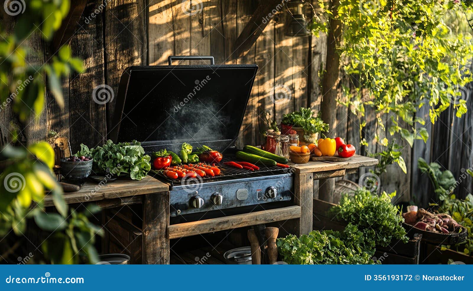 A Rustic Outdoor Kitchen Setup with a Portable Grill and Fresh Stock ...