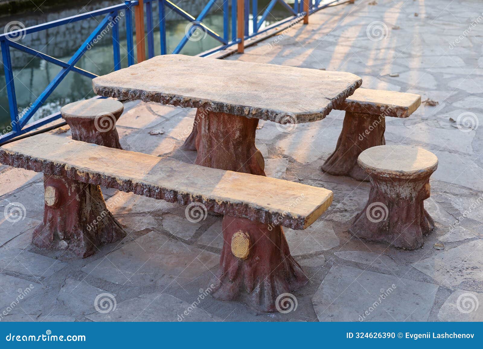 Rustic Outdoor Seating by the Waterfront Stock Photo - Image of ...