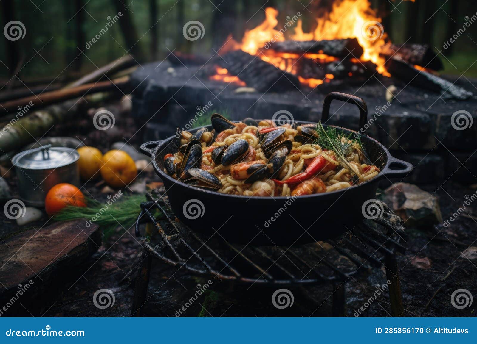 Rustic Outdoor Setting with Seafood Pasta Cooking on Campfire Stock ...