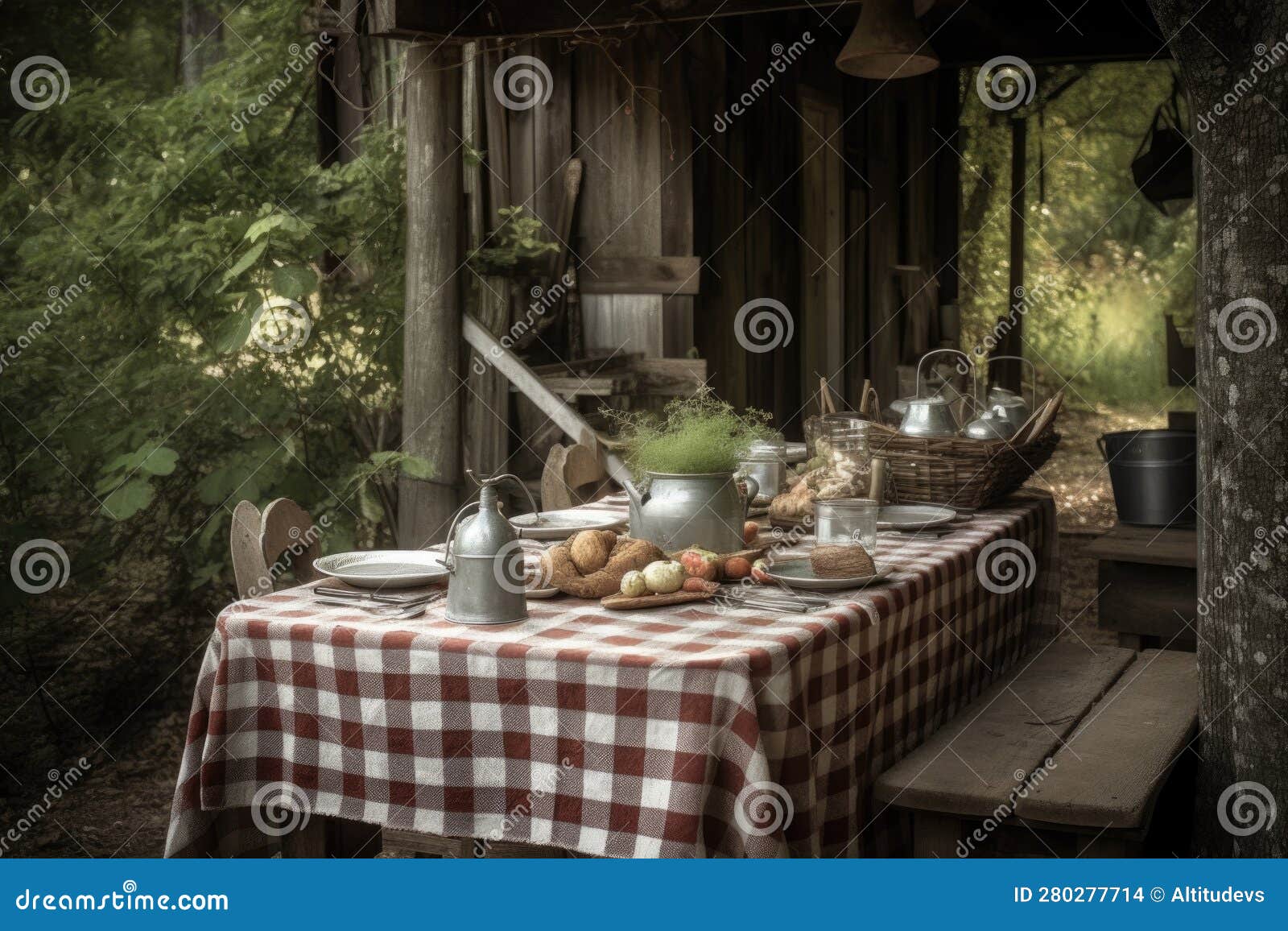 Rustic Outdoor Table Setting with Checkered Cloth, Plates, and ...