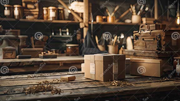 A Rustic Packaging Mockup Displayed on a Wooden Workbench in a Cozy ...