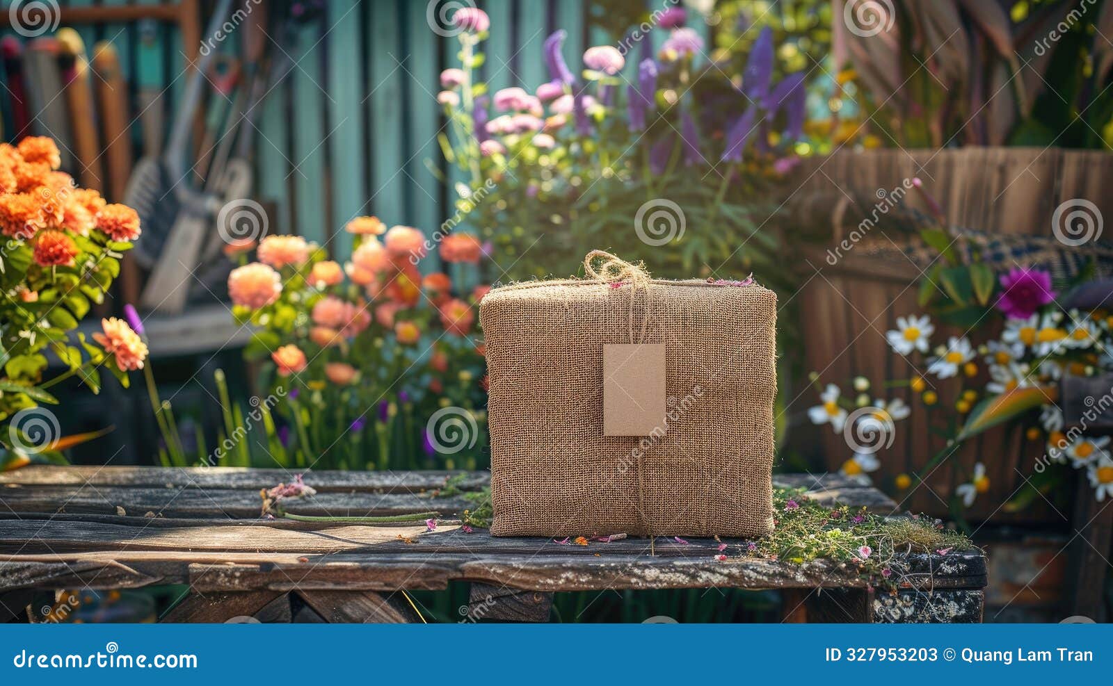 A Rustic Packaging Mockup Set on a Weathered Bench in a Blooming Garden ...